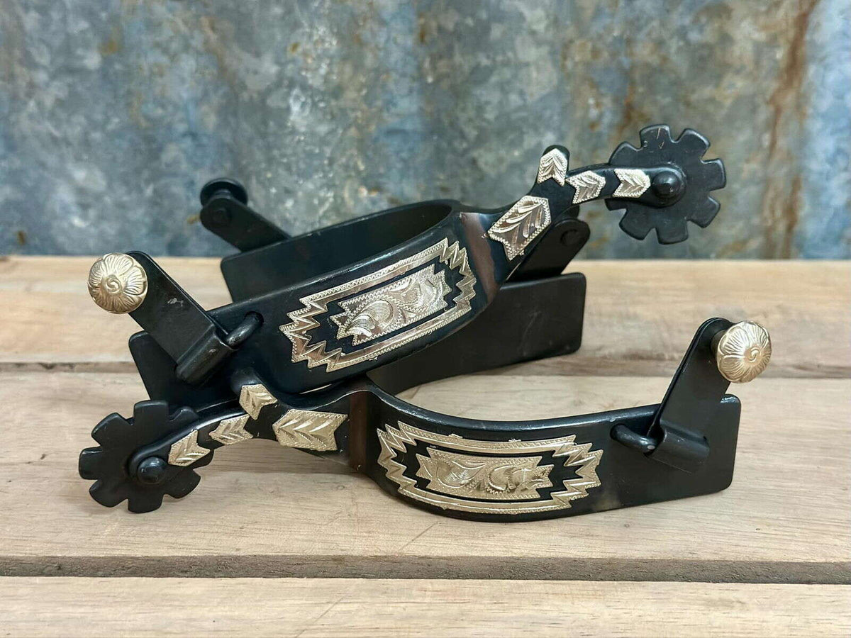 Black Steel Spur With Engraved Silver Navajo Design – Dustybutts Australia