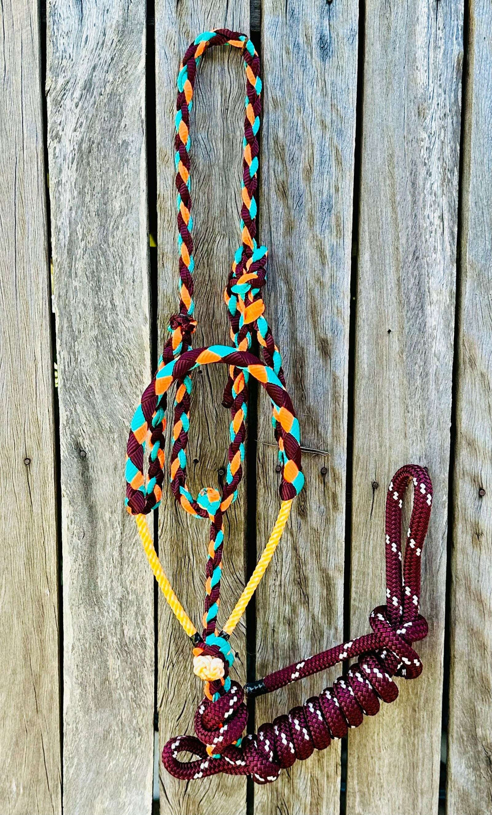 Cowboy Halter With Lariat Noseband & 8ft Yacht Rope Lead - Maroon, Ora ...